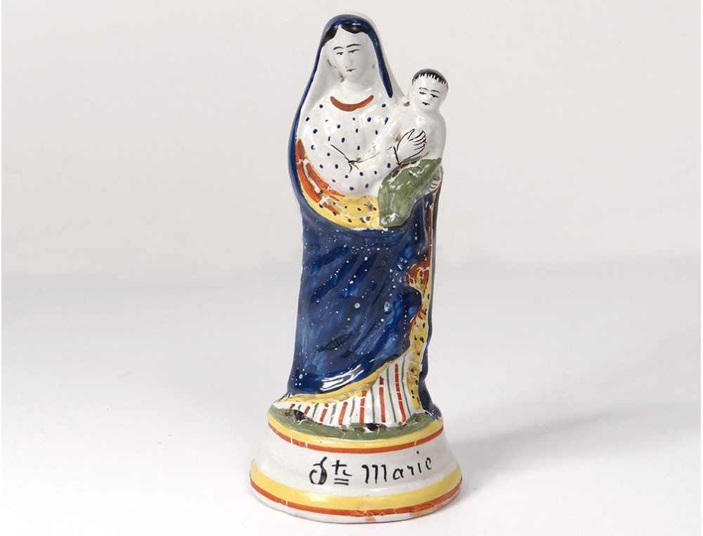 Small statuette faience Quimper Virgin Child Jesus Holy Mary XIX